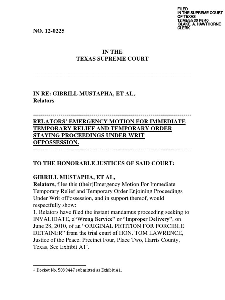 Emergency Motion To Stay Writ of Possession Form Texas | Download Free ...