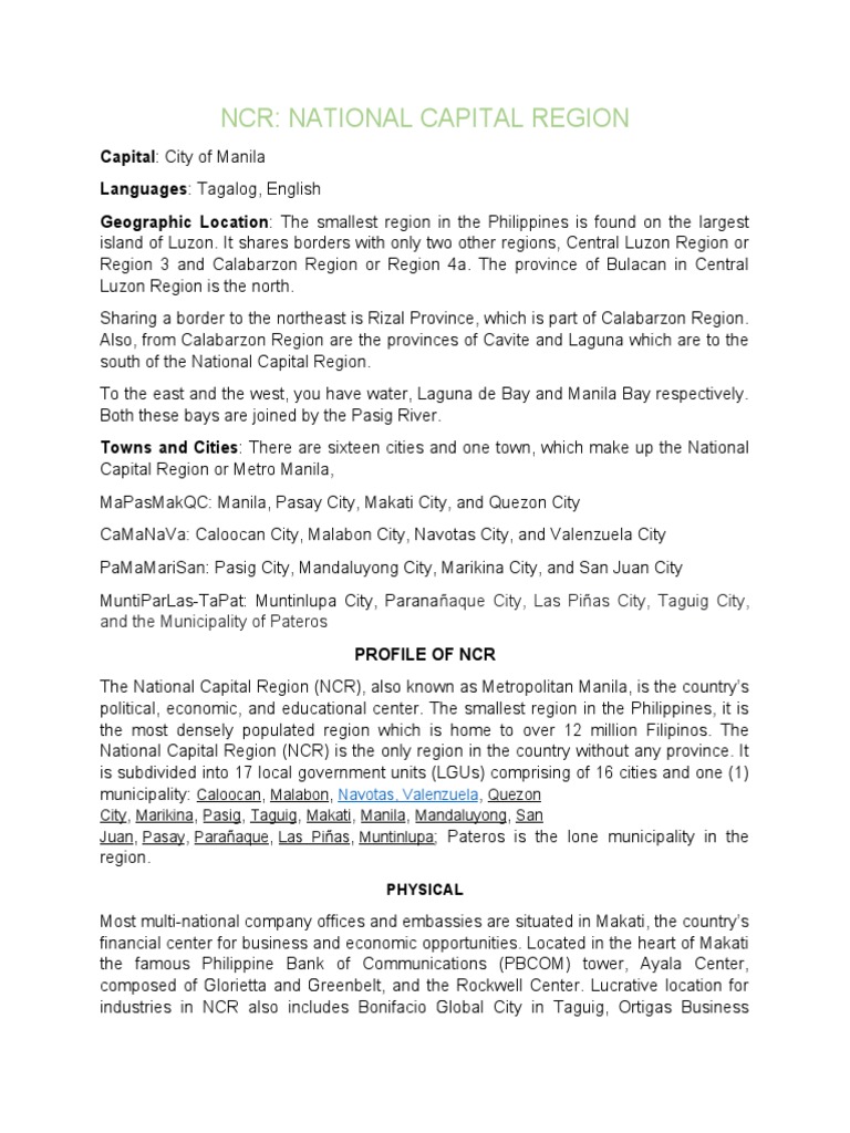 NCR: National Capital Region | PDF | Metro Manila | Makati