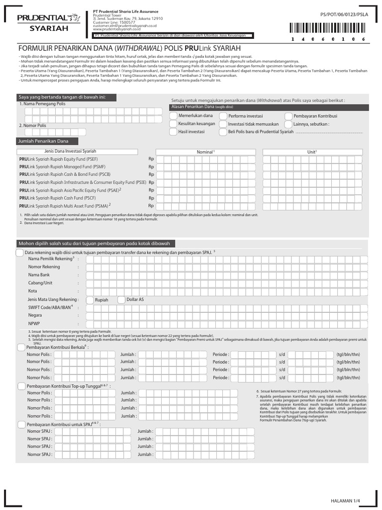Formulir Penarikan Dana (Withdrawal) Polis PRULink Syariah 0123 | PDF