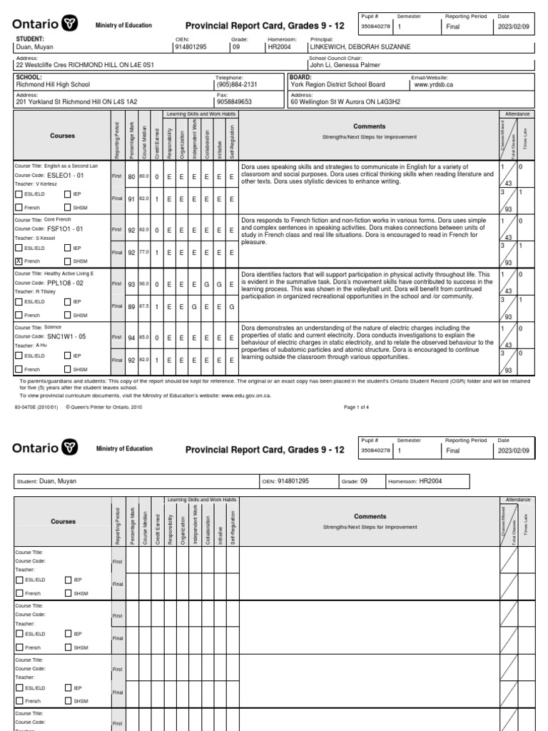 Ontario High School Report Card Template | PDF | Individualized ...