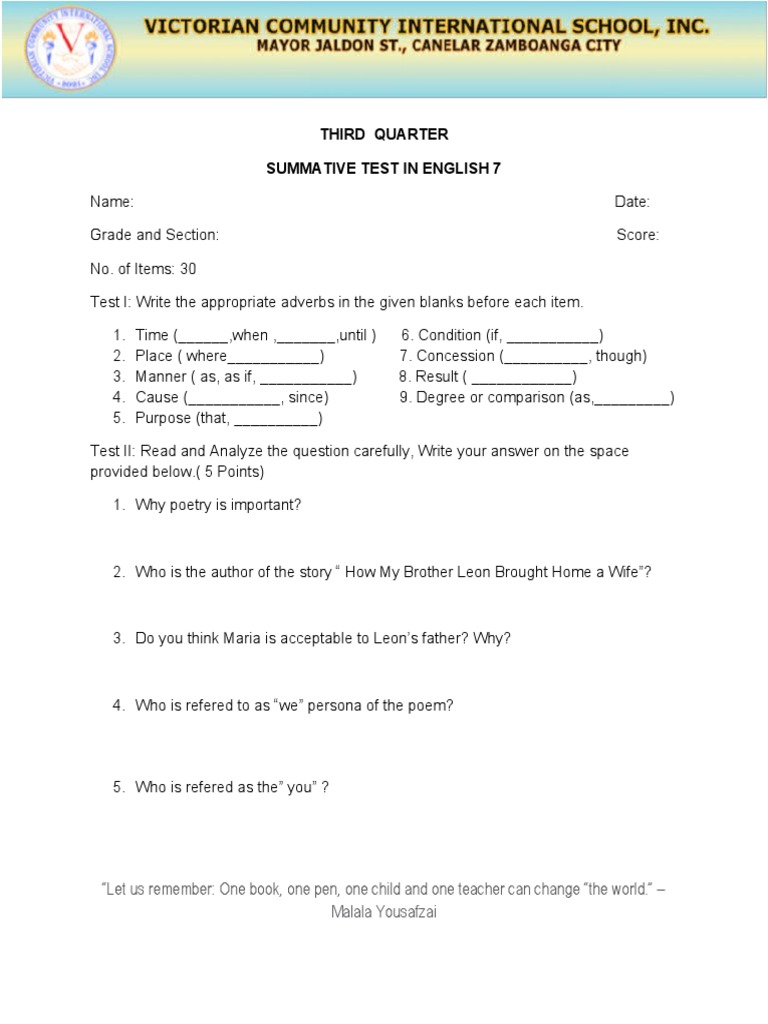 3rd Summative Test | PDF | Discourse | Subject (Grammar)