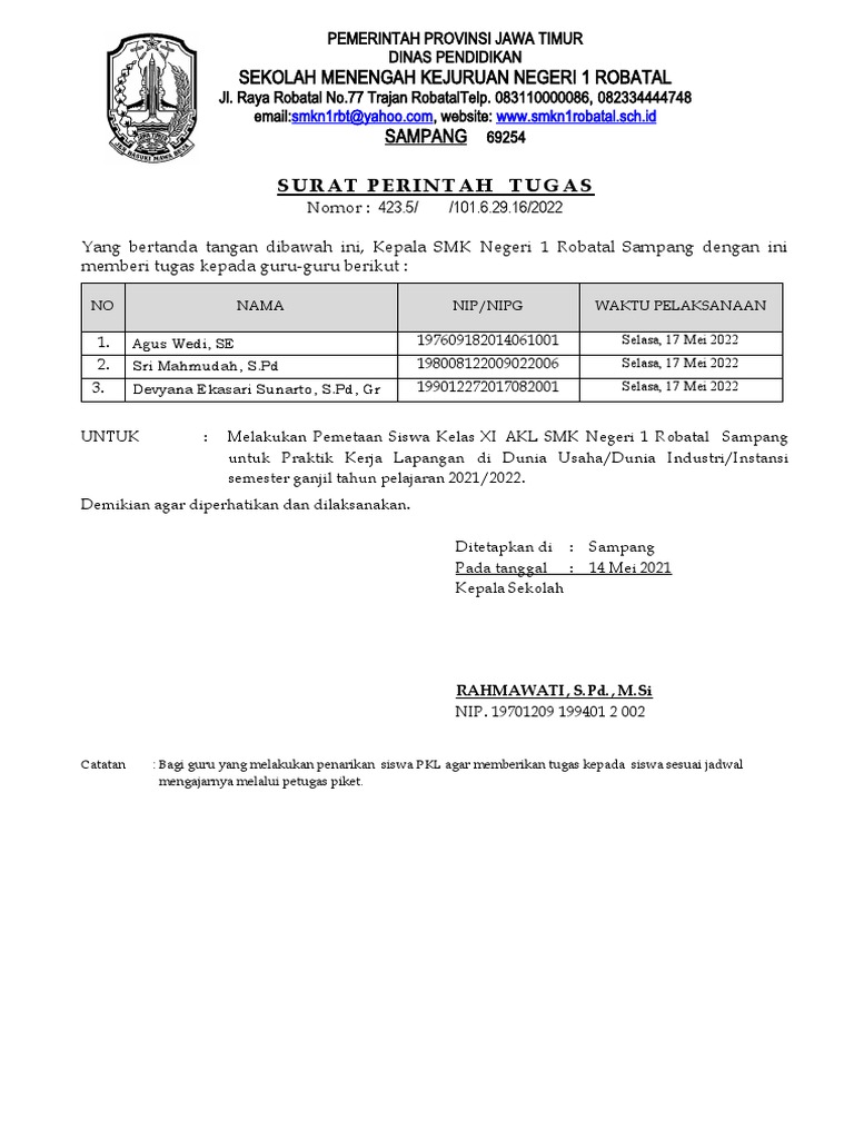 Surat Perintah Tugas Pengantaran Surat Permohonan PKL 2022-AKL | PDF