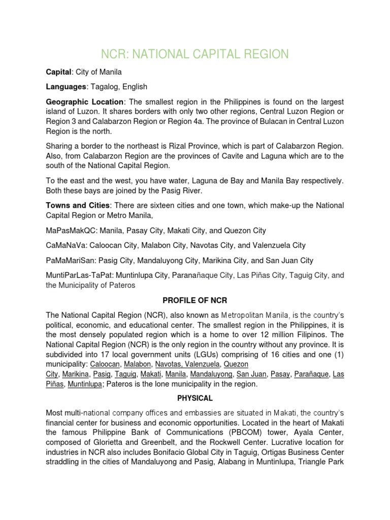 NCR: National Capital Region | PDF | Metro Manila | Makati