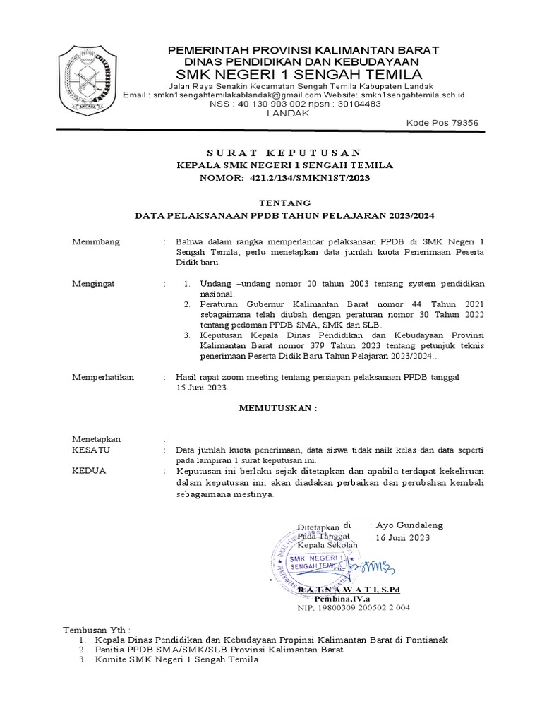 Kuota PPDB SMK Negeri 1 Sengah Temila | PDF