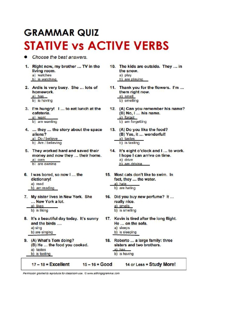 Stative and Dynamic Verbs Worksheet | PDF