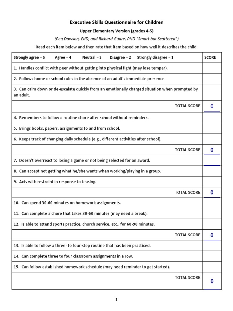 S6 ExecutiveSkills Questionnaire Grades 4 5 | PDF | Psychology | Cognition