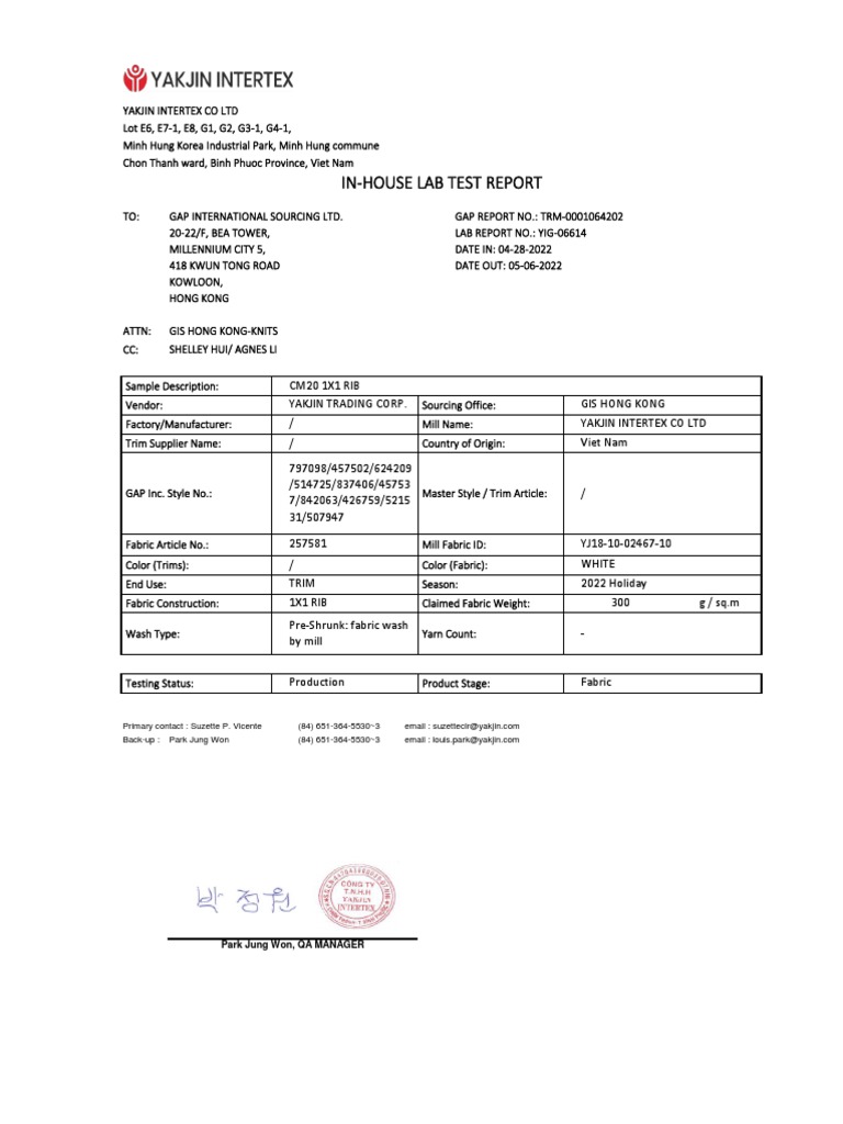 In-House Lab Test Report: CM20 1X1 Rib | PDF | Textiles | Knitting