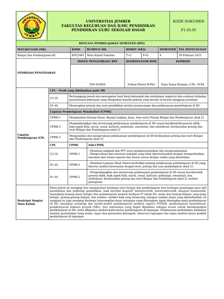 RPS Belajar Dan Pembelajaran SD | PDF