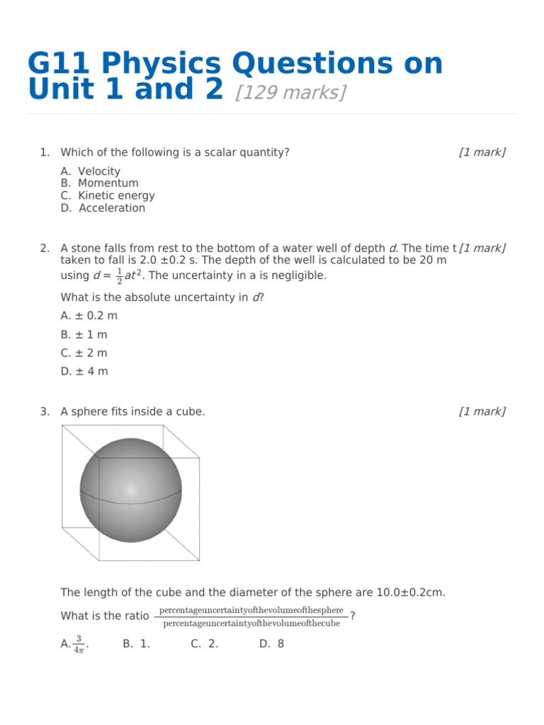 G11 Physics Questions On Unit 1 and 2 | PDF | Force | Acceleration