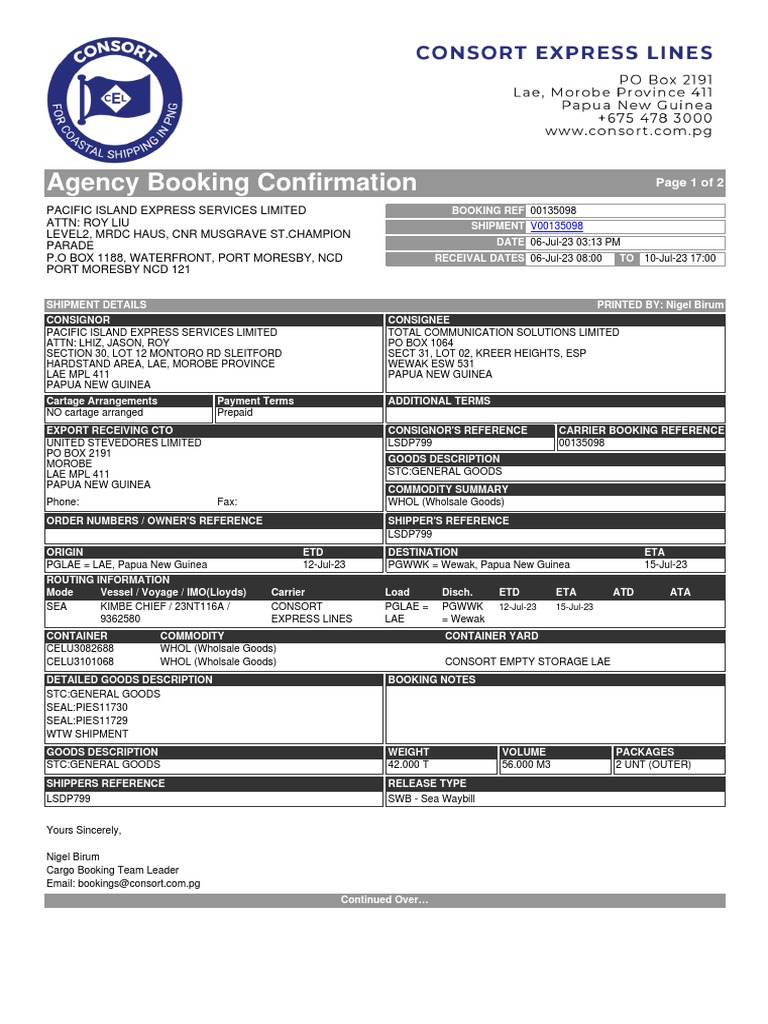 Pacific Island Express Booking Confirmation | PDF | Cargo | Bill Of Lading