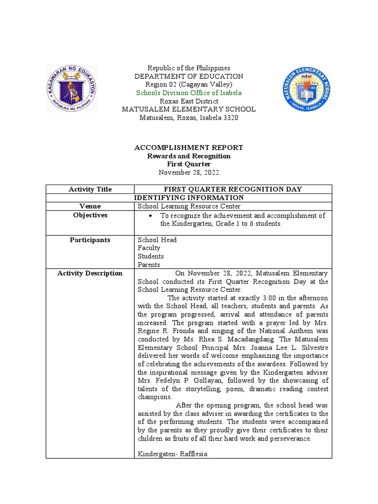 Rewards and Recognition Accomplishment Report 1 | PDF | Family | Human ...