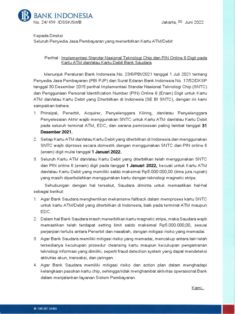 24 659 DSSK SRT B - Bank Indonesia - Surat Implementasi SNTC Dan PIN ...