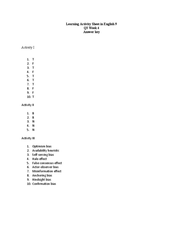 Learning Activity Sheet in English 9 Answer Key | PDF
