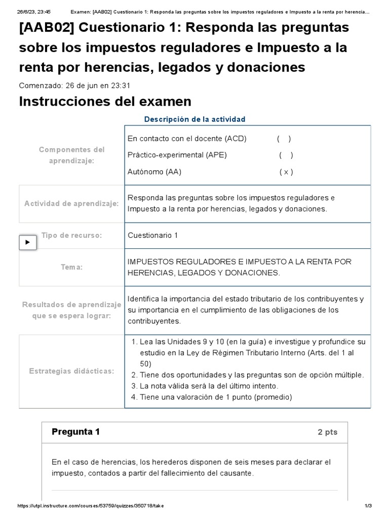 De 10 Examen - (AAB02) Cuestionario 1 - Responda Las Preguntas Sobre ...