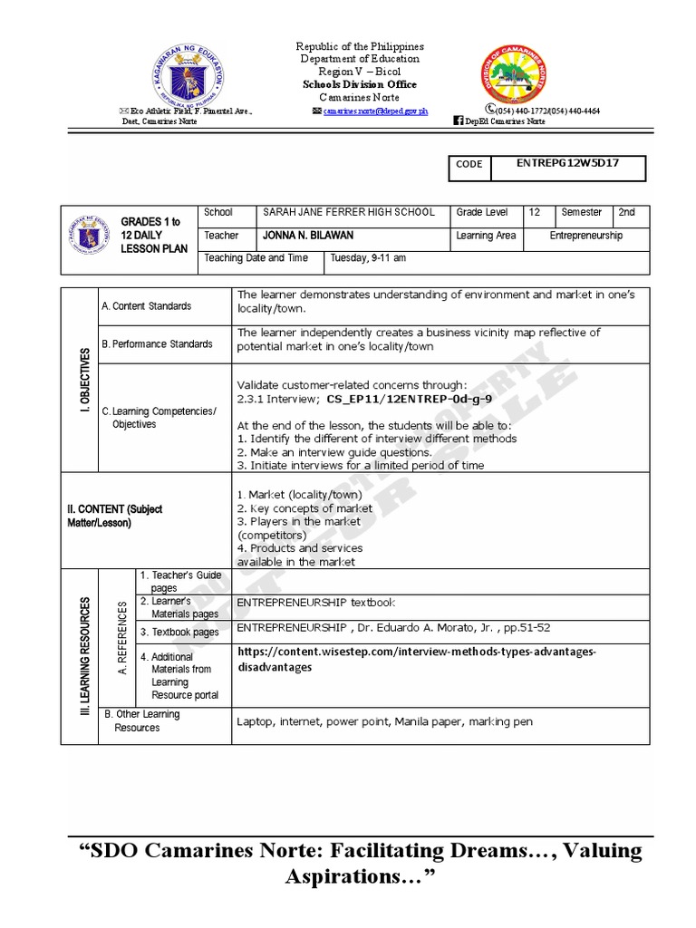 Entrep Lesson Plan | PDF | Learning | Lesson Plan