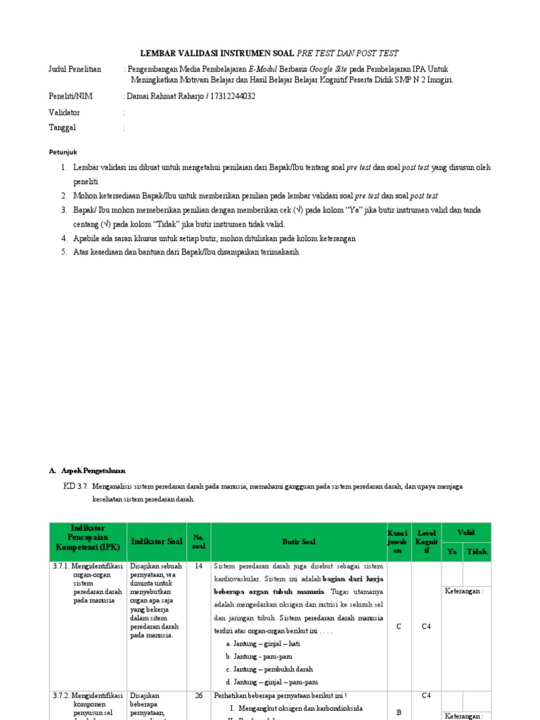 Instrumen Soal Pre Test Dan Post Test | PDF