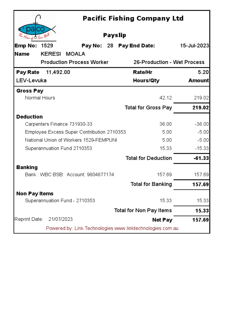 Pacific Fishing Company LTD: 15-Jul-2023 Production Process Worker Keresi Moala 1529 28 26 ...