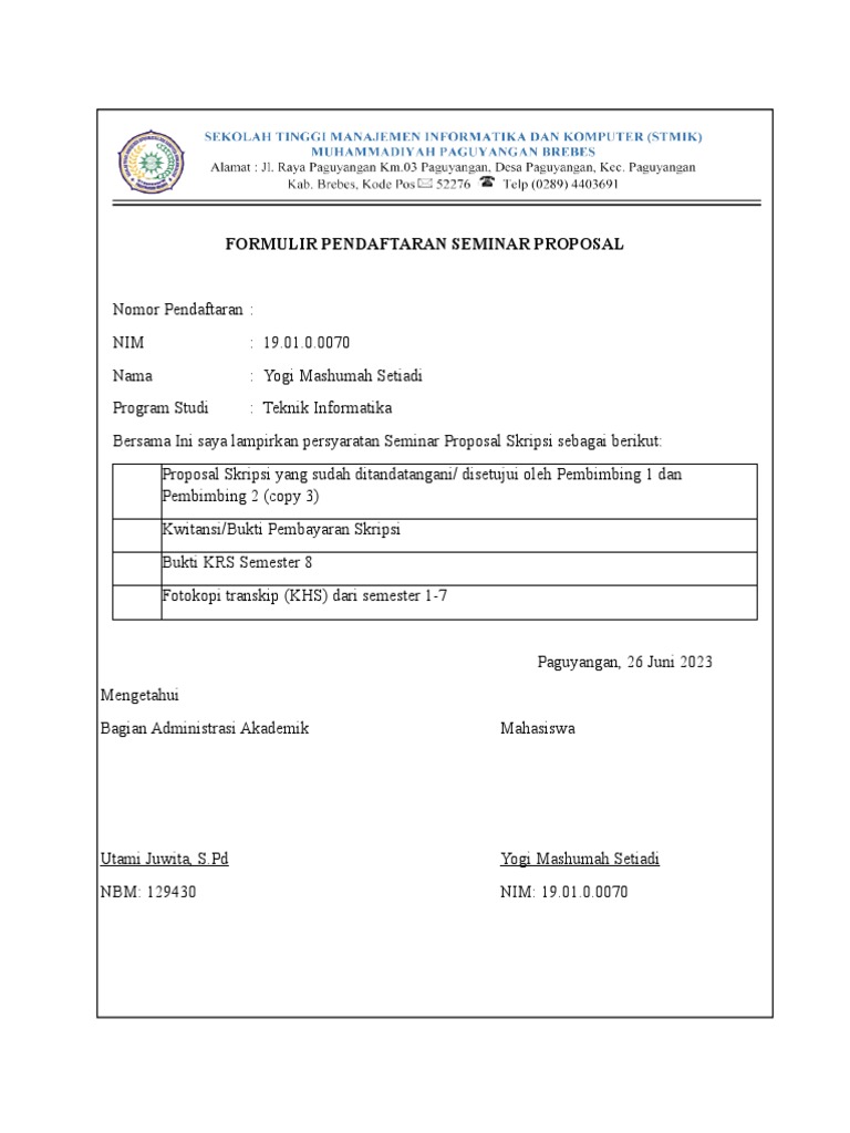 Formulir Pendaftaran Seminar Proposal | PDF