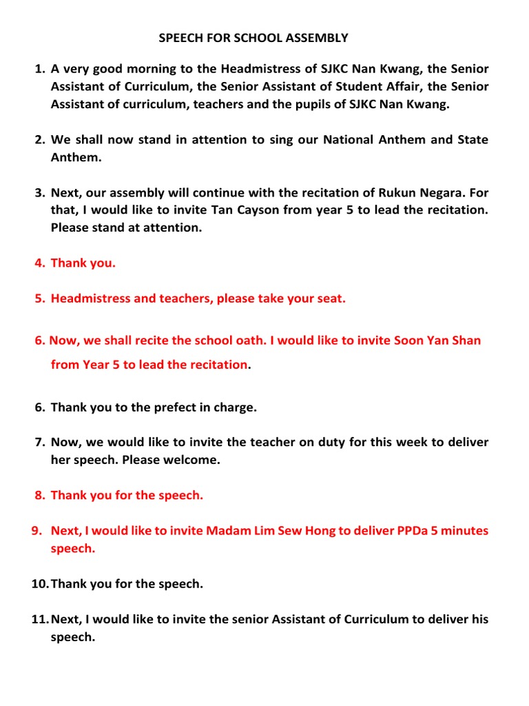 Assembly Speech For MC | PDF