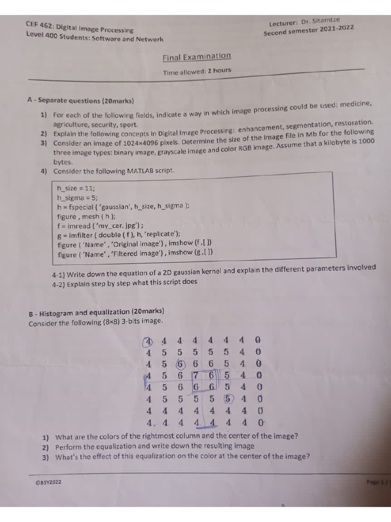 Digital Image Processing Past Questions | PDF