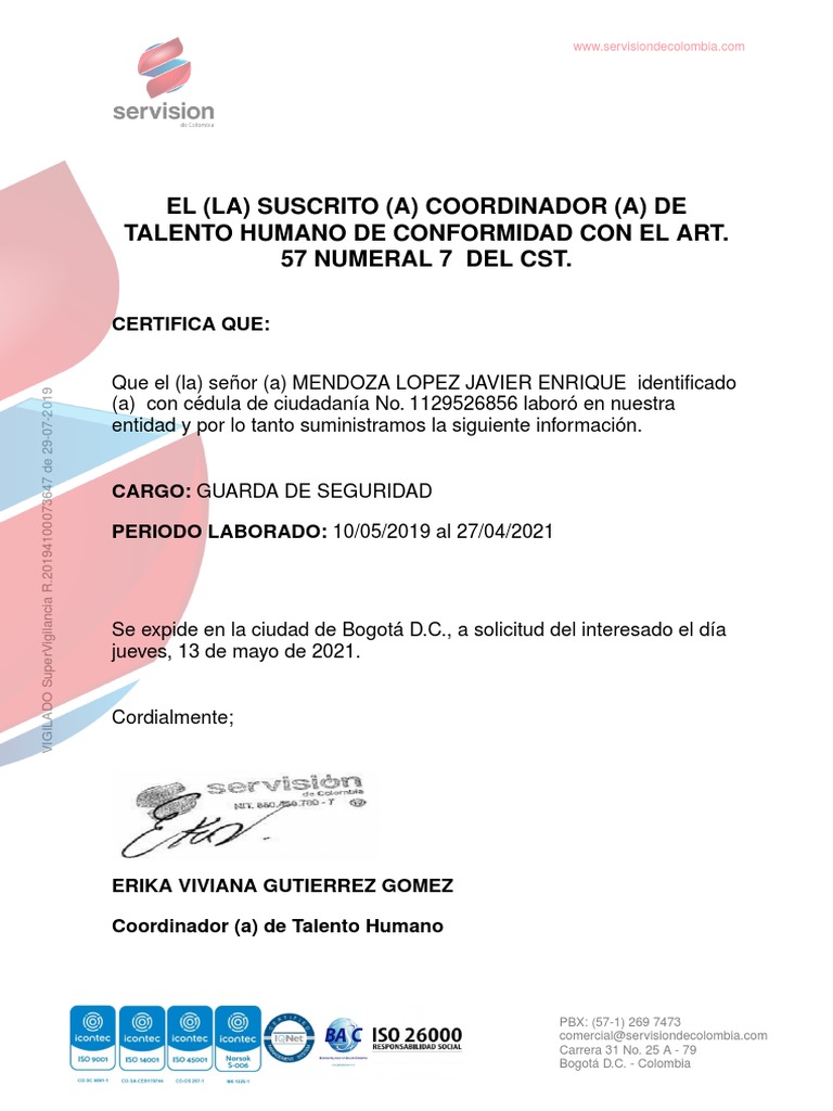 Certificados Laborales-Servisión | PDF