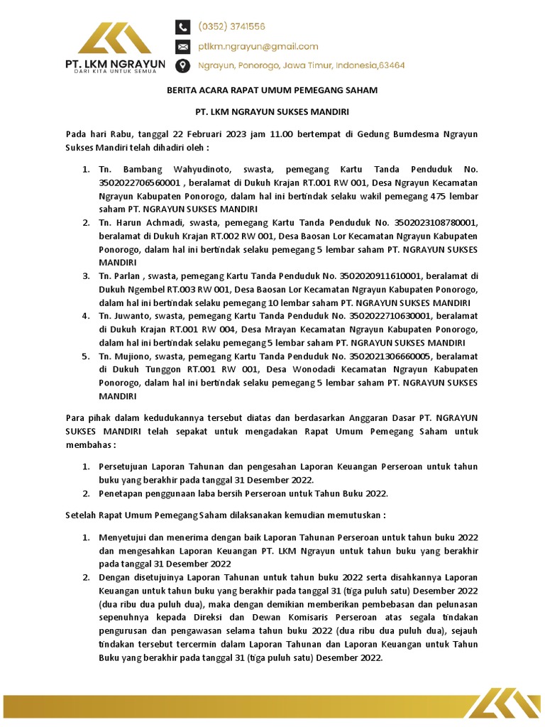 Berita Acara Rapat Umum Pemegang Saham 081222 | PDF