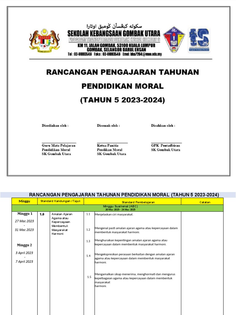 Rancangan Pengajaran Tahunan Pendidikan Moral Tahun 5 | PDF