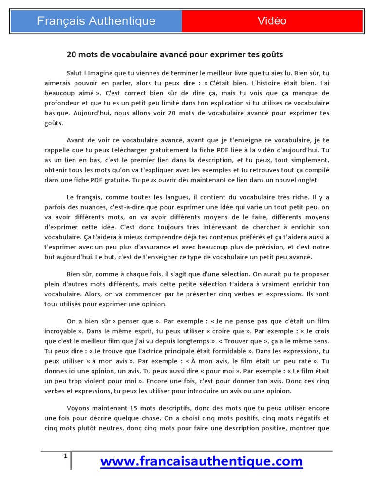 20 Mots de Vocabulaire Avance Pour Exprimer Tes Gouts | PDF | Lexique ...