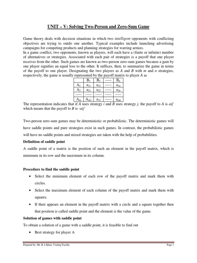 Unit V Game Theory (Two-Person and Zero-Sum Game) | PDF | Economics Of Uncertainty | Applied ...