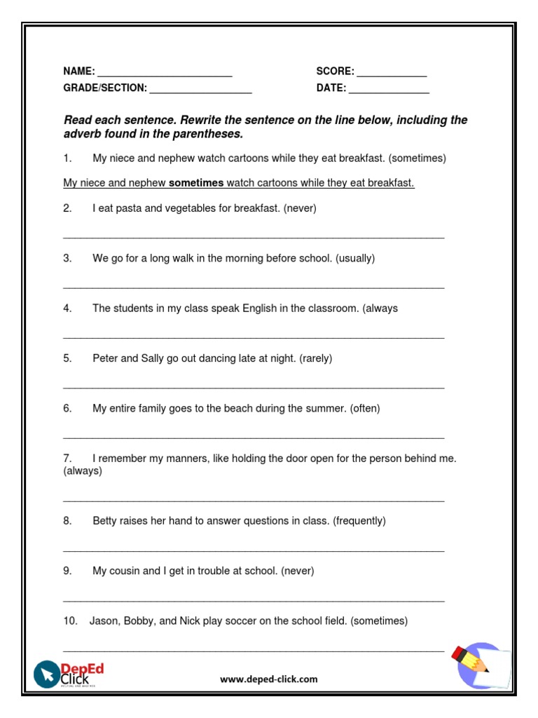 Grade 5 Adverb of Frequency Activity Sheet | PDF