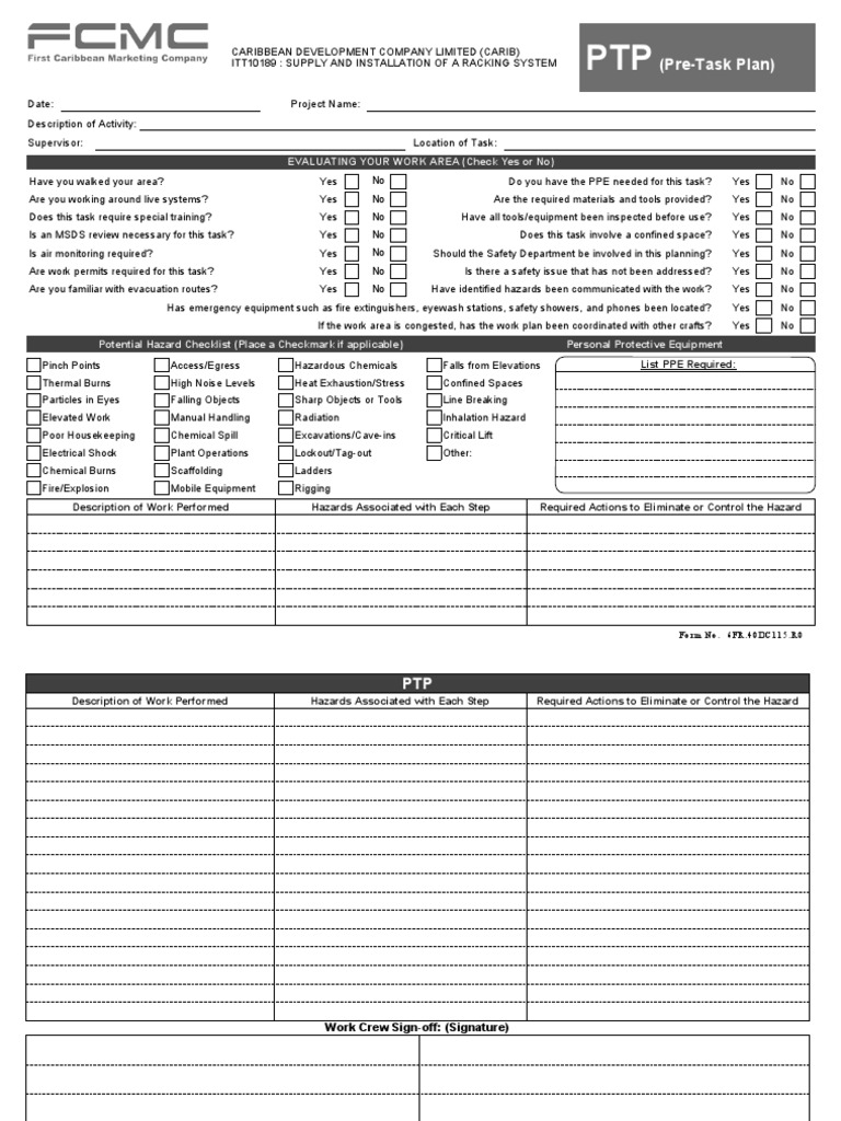 FCMC - Pre-Task Plan - PTP Form - Template | PDF | Personal Protective Equipment | Hazards