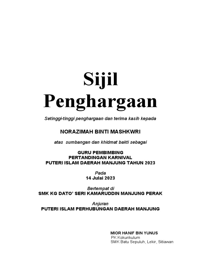 Sijil Penghargaan Guru Ppim 2023 | PDF