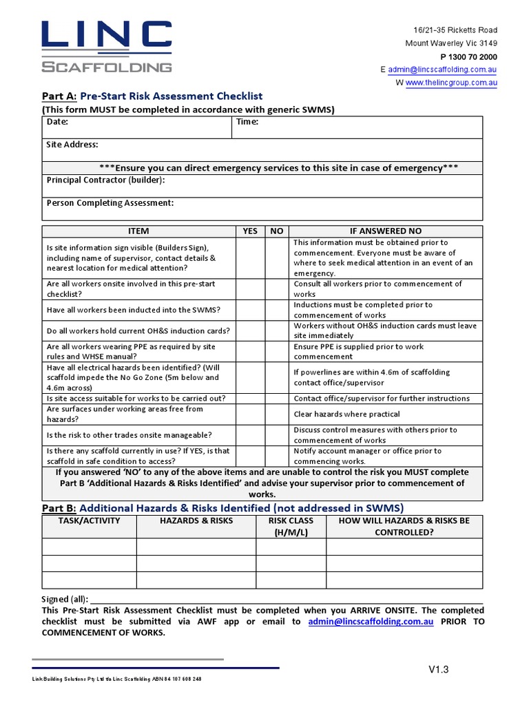 Scaffolding - Pre-Start Risk Assessment Checklist V1.3 (NOT YET ...