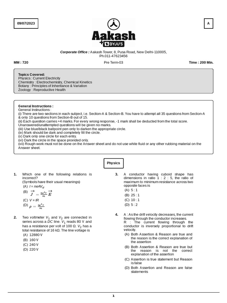 Pre Term-03-CF OYM - Test Paper | PDF | Electrical Resistance And ...
