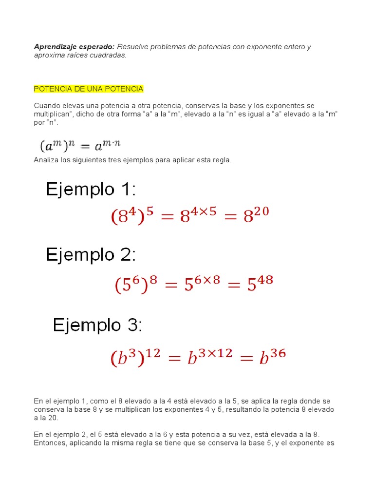 Potencia de una Potencia: Ejemplos y Reglas | PDF | Exponenciación ...