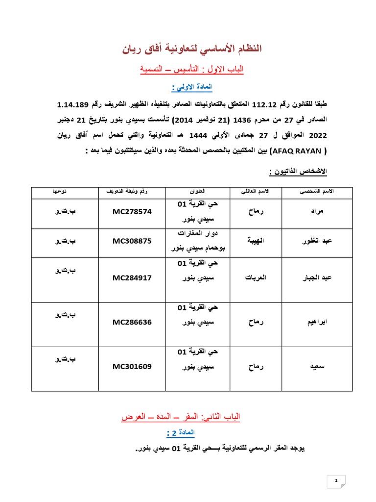 النظام الاساسي AFAQ | PDF