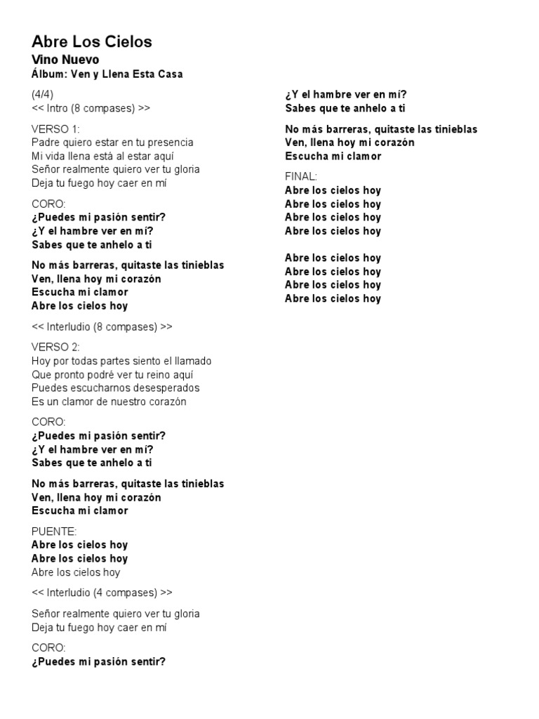 Abre Los Cielos - Vino Nuevo - Ven y Llena Esta Casa | PDF