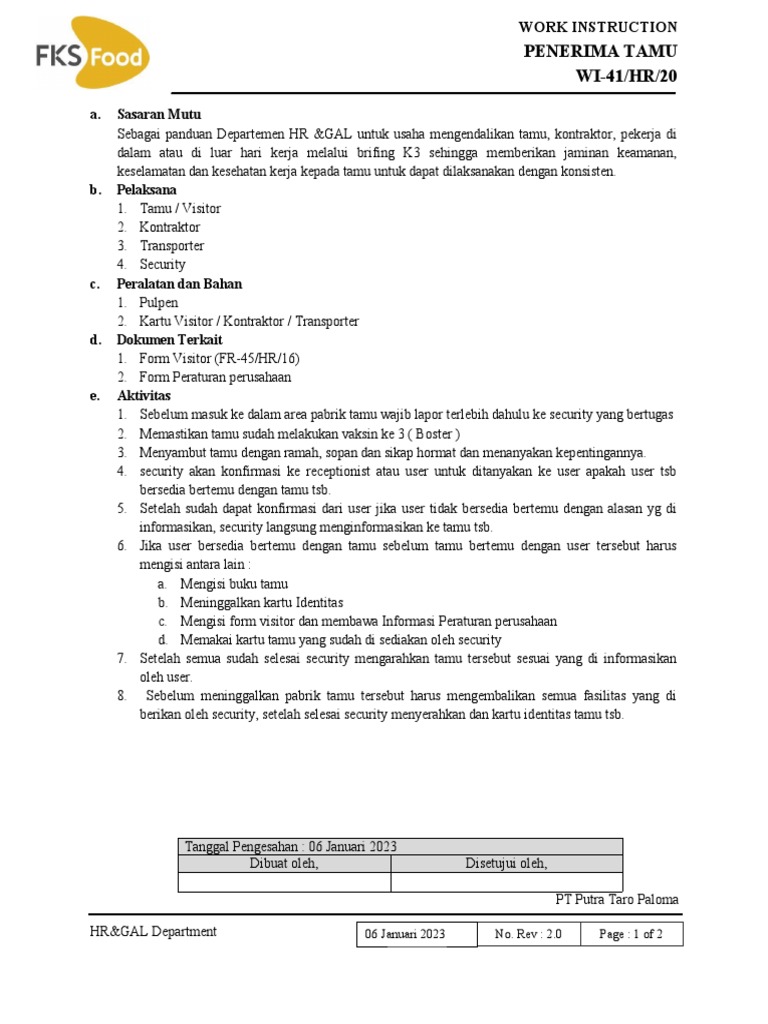 WI 41 HR 20 WI Penerimaan Tamu Rev 2. 0 | PDF