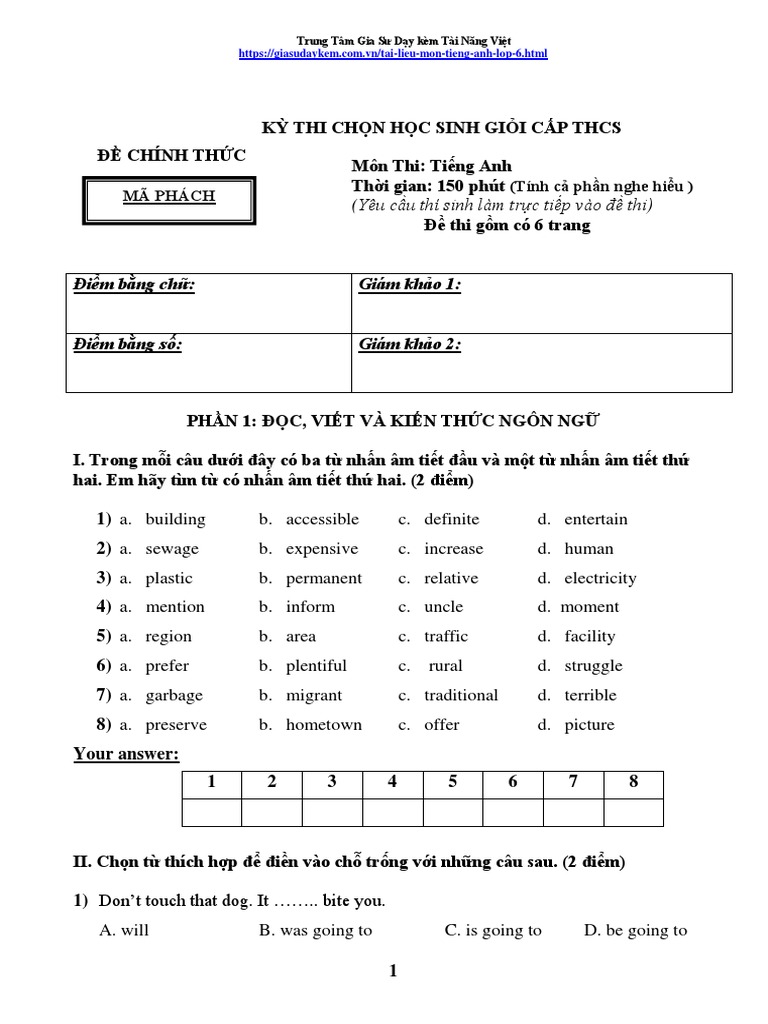 De Thi Hoc Sinh Gioi Tieng Anh Lop 6 de Thi Chon Hoc Sinh Gioi Cap Thcs Mon Tieng Anh | PDF