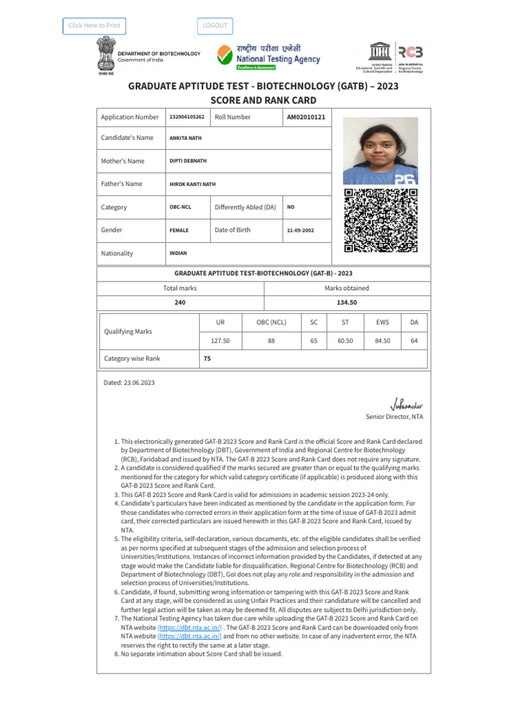 Rank Card Gatb | PDF