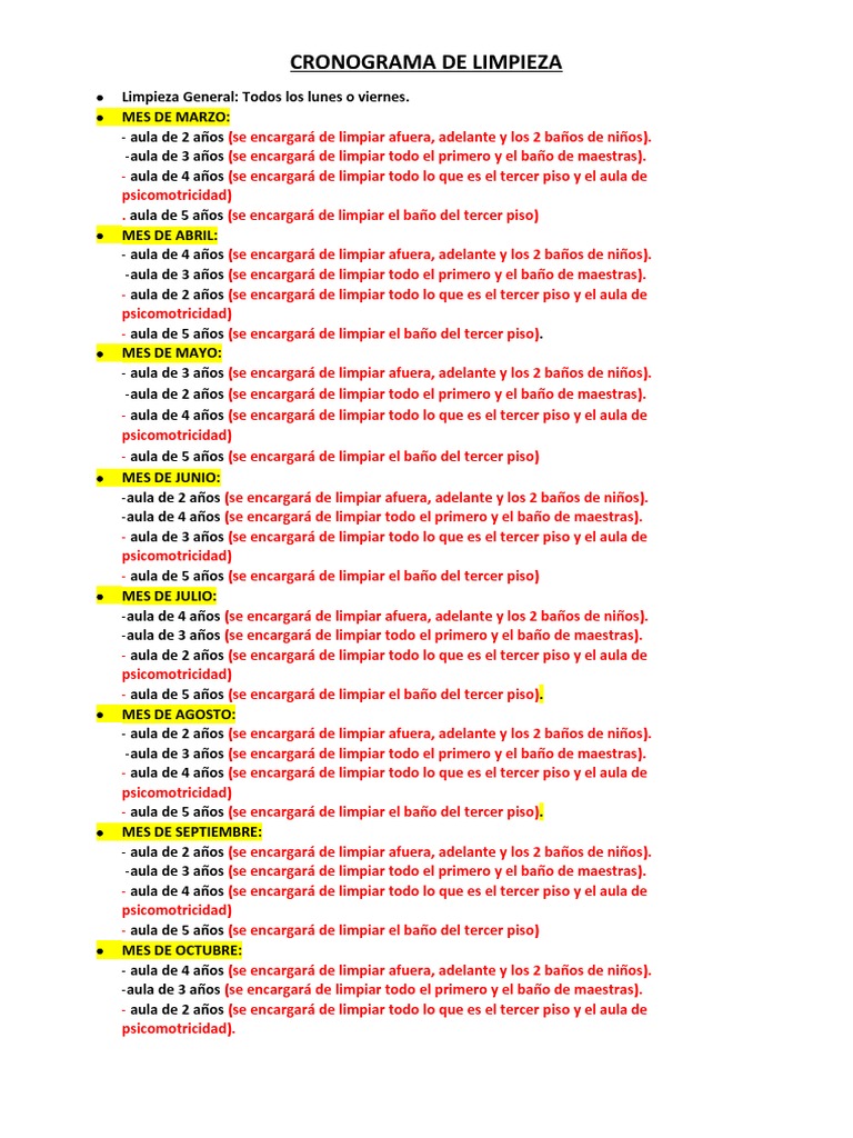 Cronograma de Limpieza | PDF