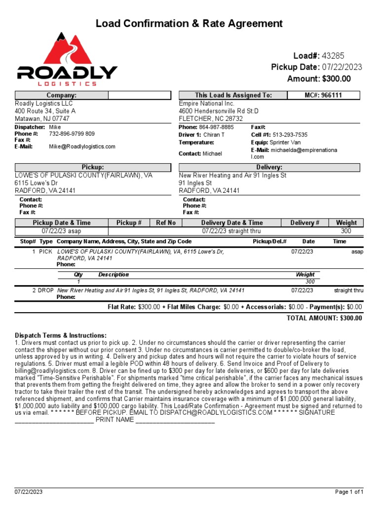 Load Confirmation & Rate Agreement #43285 Date-07.22.2023 | PDF | Cargo ...