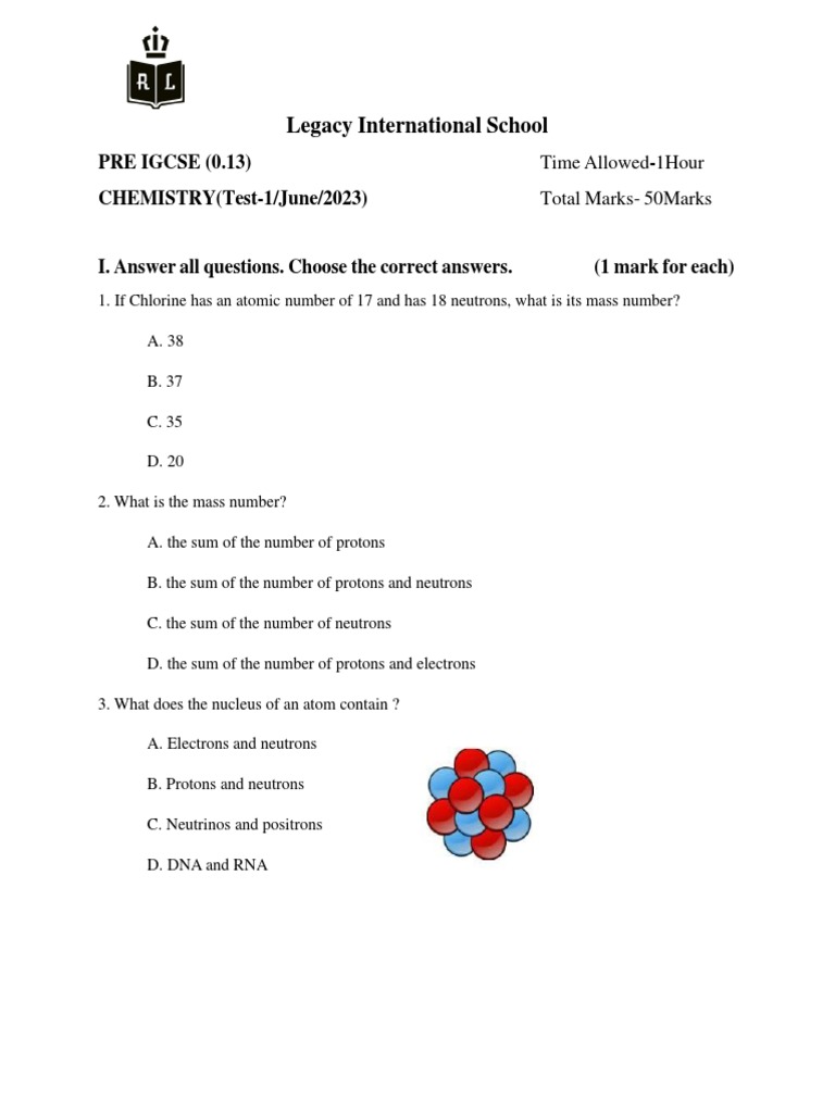 Chemistry Pre-IGCSE Test Questions | PDF | Chemical Elements | Atoms