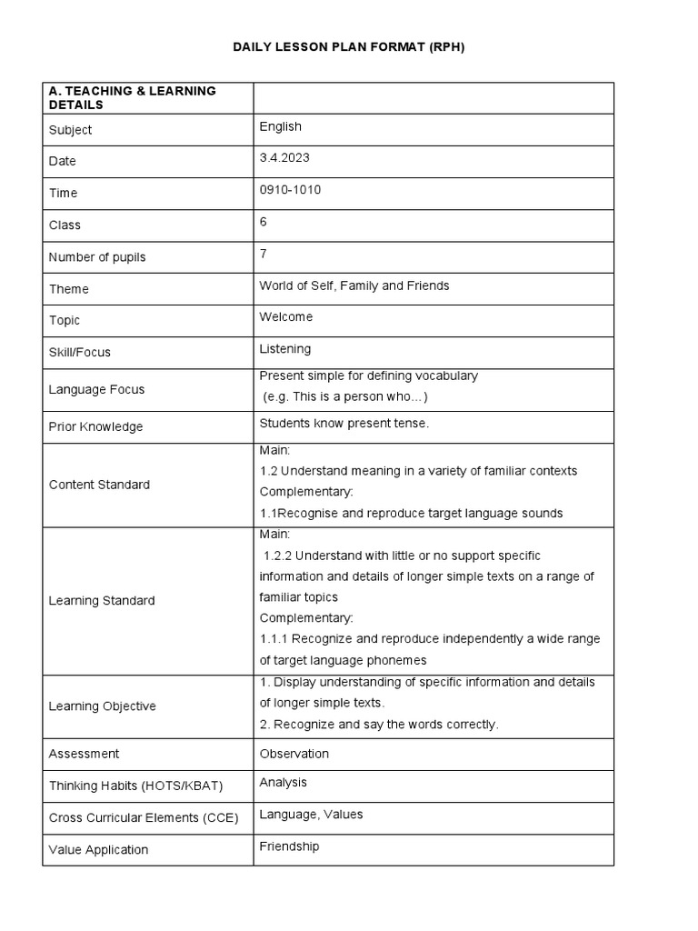 Daily Lesson Plan Format (RPH) A. Teaching & Learning Details | PDF ...