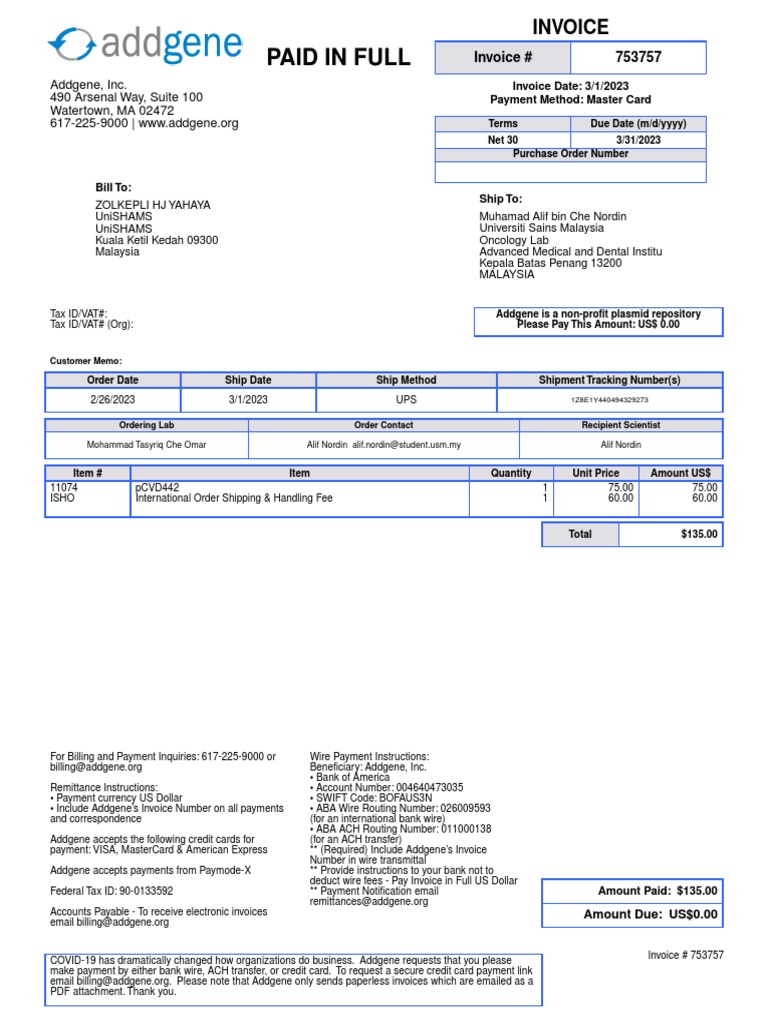 Addgene Invoice for pCVD442 Shipment | PDF | Invoice | Payments