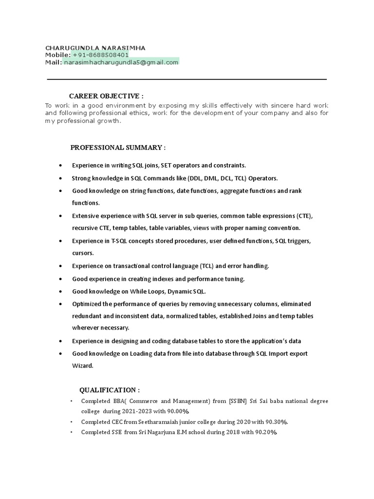 Charugundla Narasimha - Resume 1 | PDF | Sql | Microsoft Sql Server