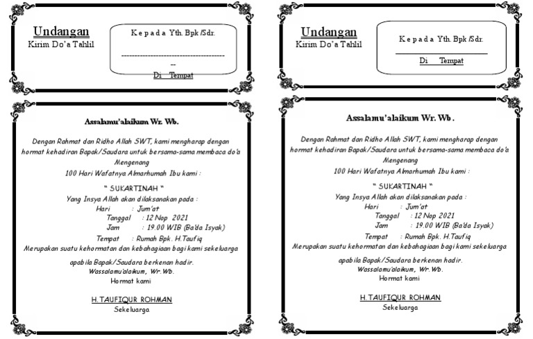 Undangan Tahlil 1 Lembar Jadi 2 Cetak UTI | PDF