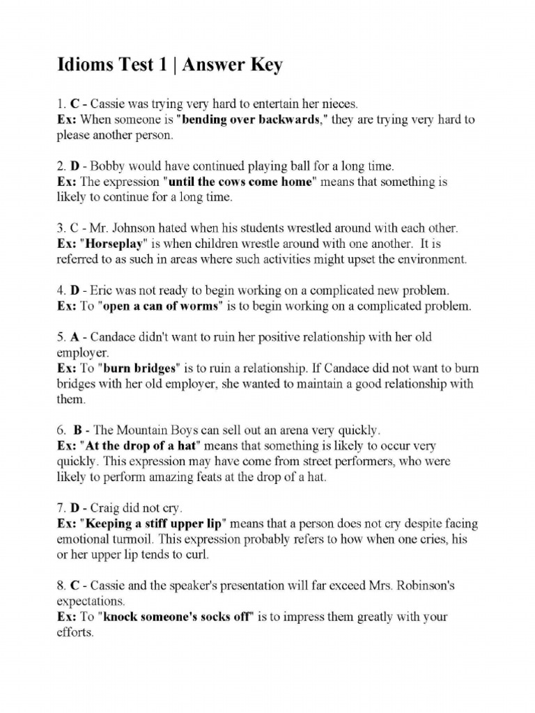 Idiom Test 1 - Answers | PDF
