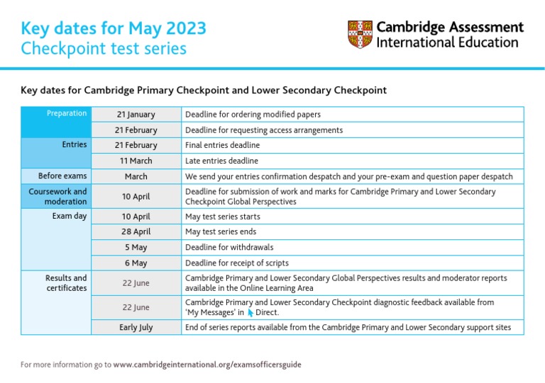 Key Dates for Cambridge Checkpoint 2023 | PDF