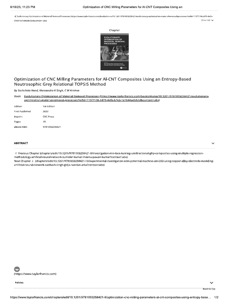 Optimization Of Cnc Milling Parameters For Al Cnt Composites Using An Pdf